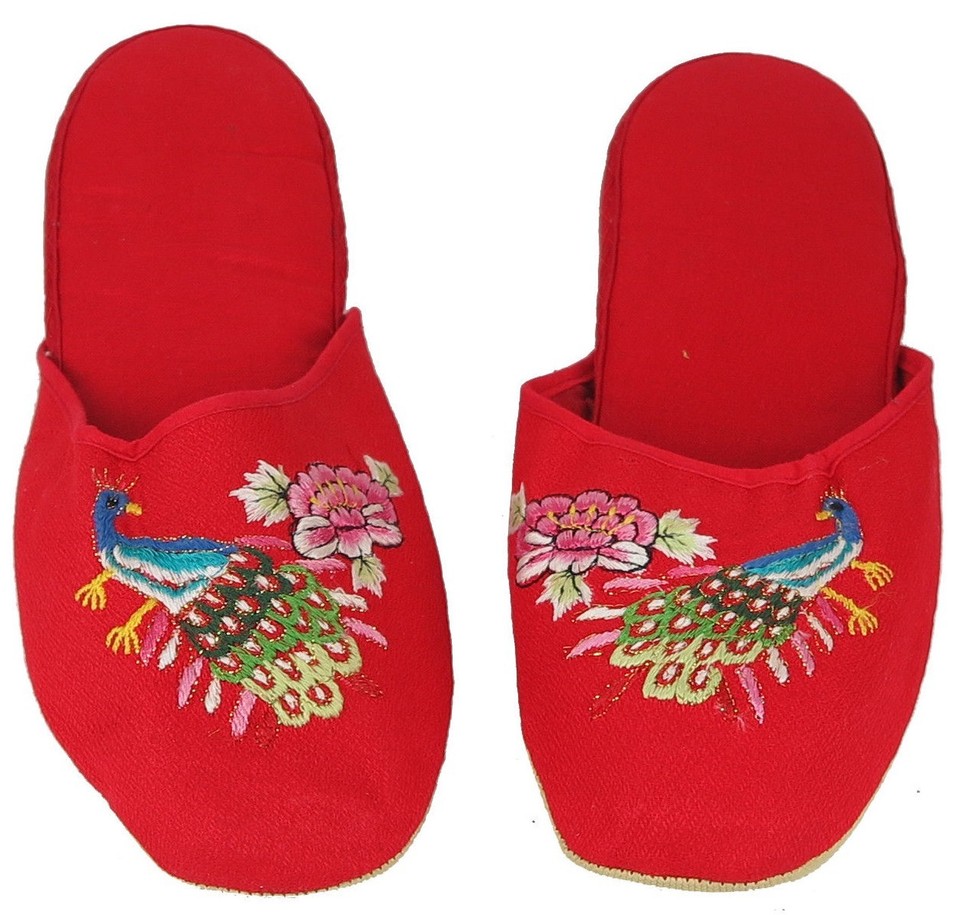 Embroidered Peacock Chinese Women's Cotton Slippers Blue Red Black ...