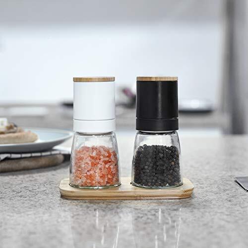 Salt And Black Pepper Grinder Set Bamboo Lid And Wood Stand Refillable ...