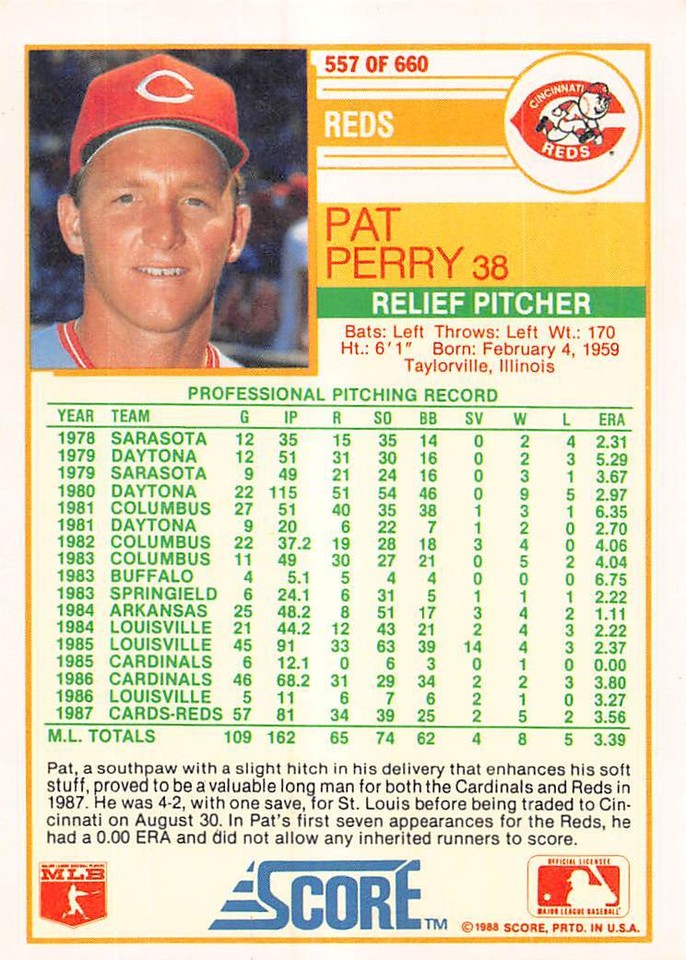 Pat Perry 1988 Score 557 Cincinnati Reds Baseball Card | eBay