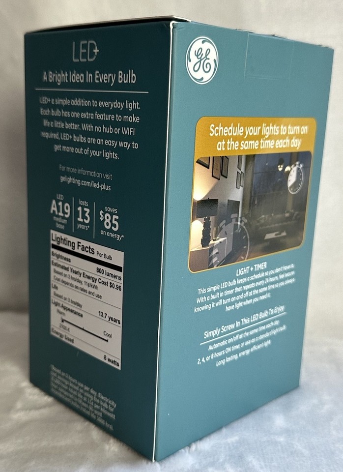 NEW GE LED+ Timer Light Bulb Soft White 8w Timer A19 SEALED Efficient ...