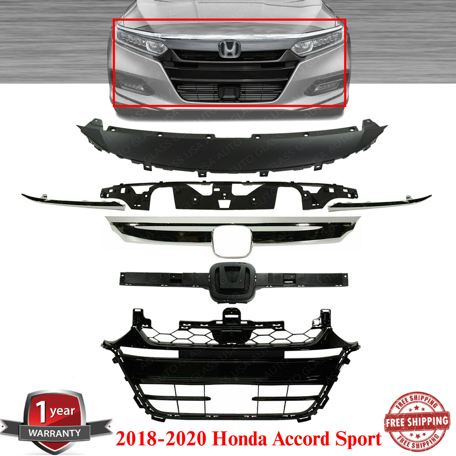 Front Bumper Grille Assembly Kit + Chrome Trims For 2018-2020 Honda ...