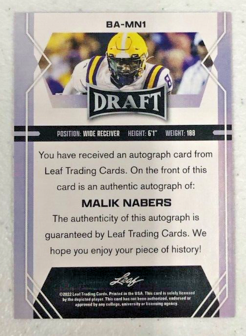MALIK NABERS 2022 LEAF DRAFT BASE AUTO #BA-MN1 RED ROOKIE AUTO | eBay