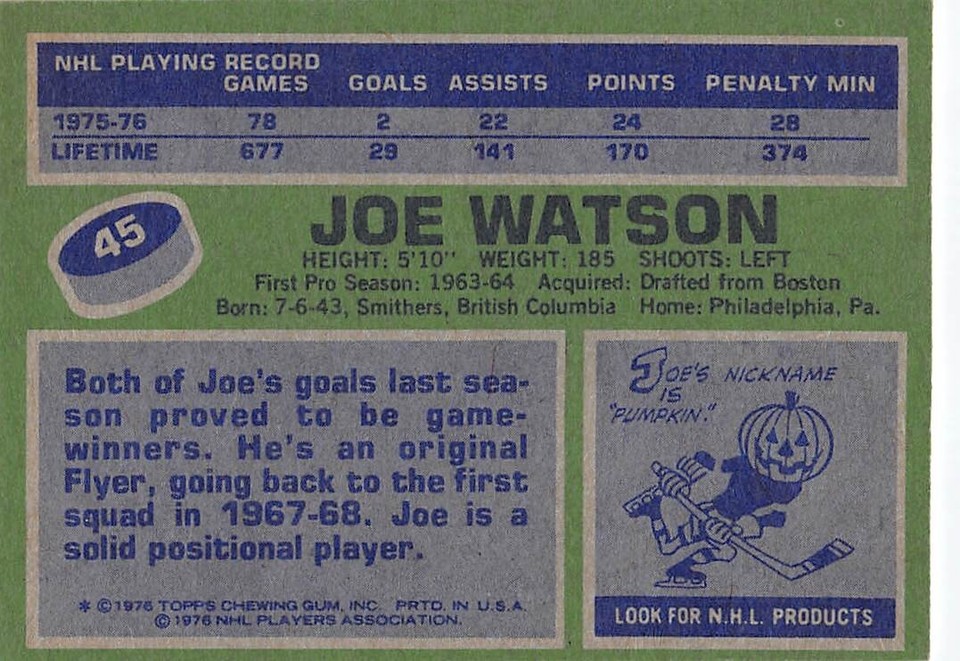 1976-77 Topps Hockey Joe Watson #45 EX CONDITION PHILADELPHIA FLYERS | eBay