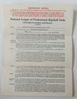 Ken Raffensberger, SIGNED 1942 CUBS Contract (D.2002) W/Ford Frick (HOF ...