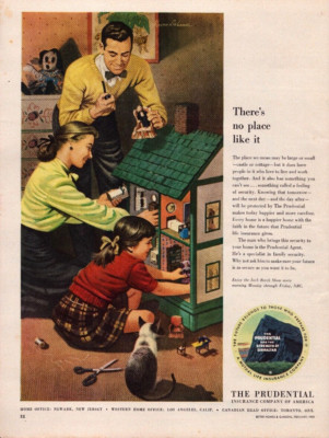 1951 Prudential Insurance Dollhouse Cat Girl Family Home Vintage Print ...