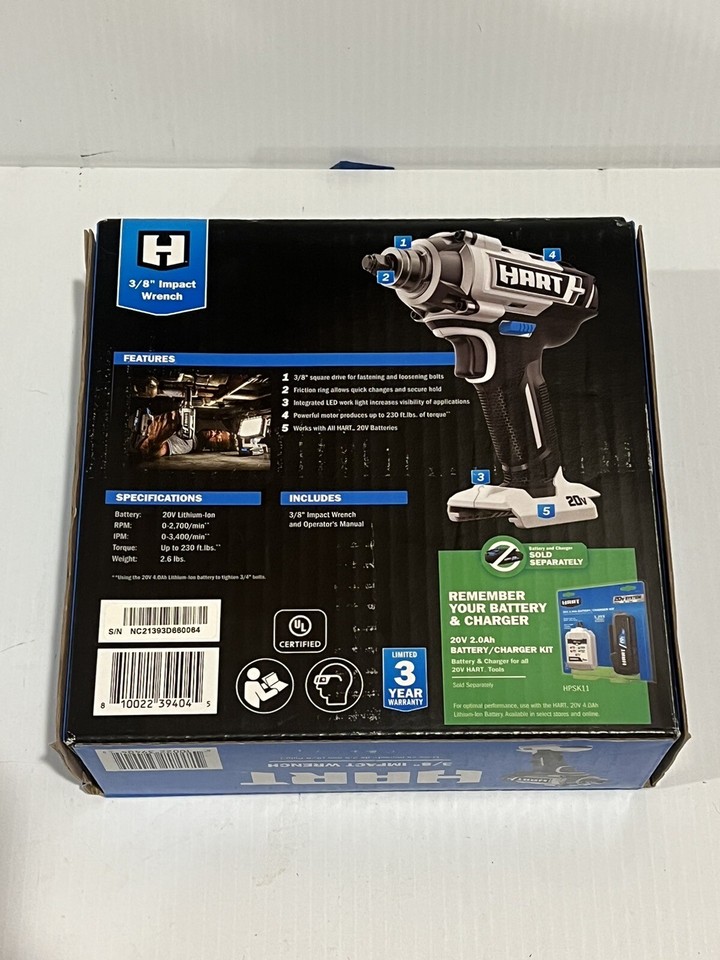 HART # HPIW50 3/8" 20V CORDLESS IMPACT WRENCH - TOOL ONLY Brand New | eBay