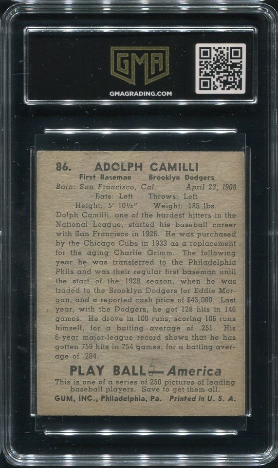 1939 Play Ball R334 #86 Dolph Camilli Brooklyn Dodgers (“1928”) - GMA 4 ...