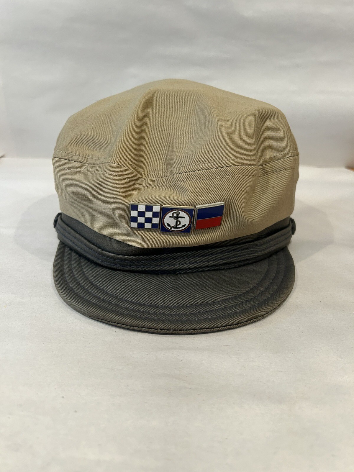 Vintage Quaker Marine Supply Roll-Up Yacht Cap Tan Gray Brim Hat With ...