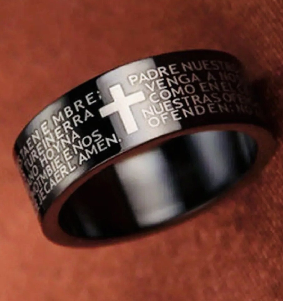 Mens Women Stainless Steel Cross Spanish Bible Lord Prayer Ring Band ...