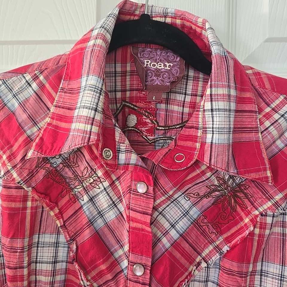 Roar Embroidered Western Cowgirl Shirt Women L Pearl Snap Long Sleeve ...