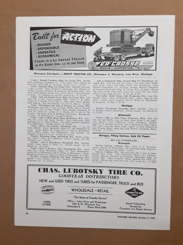 1946 OLIVER/CLETRAC Magazine AD~Plant Photo~La CROSSE, WI. TRAILER ...
