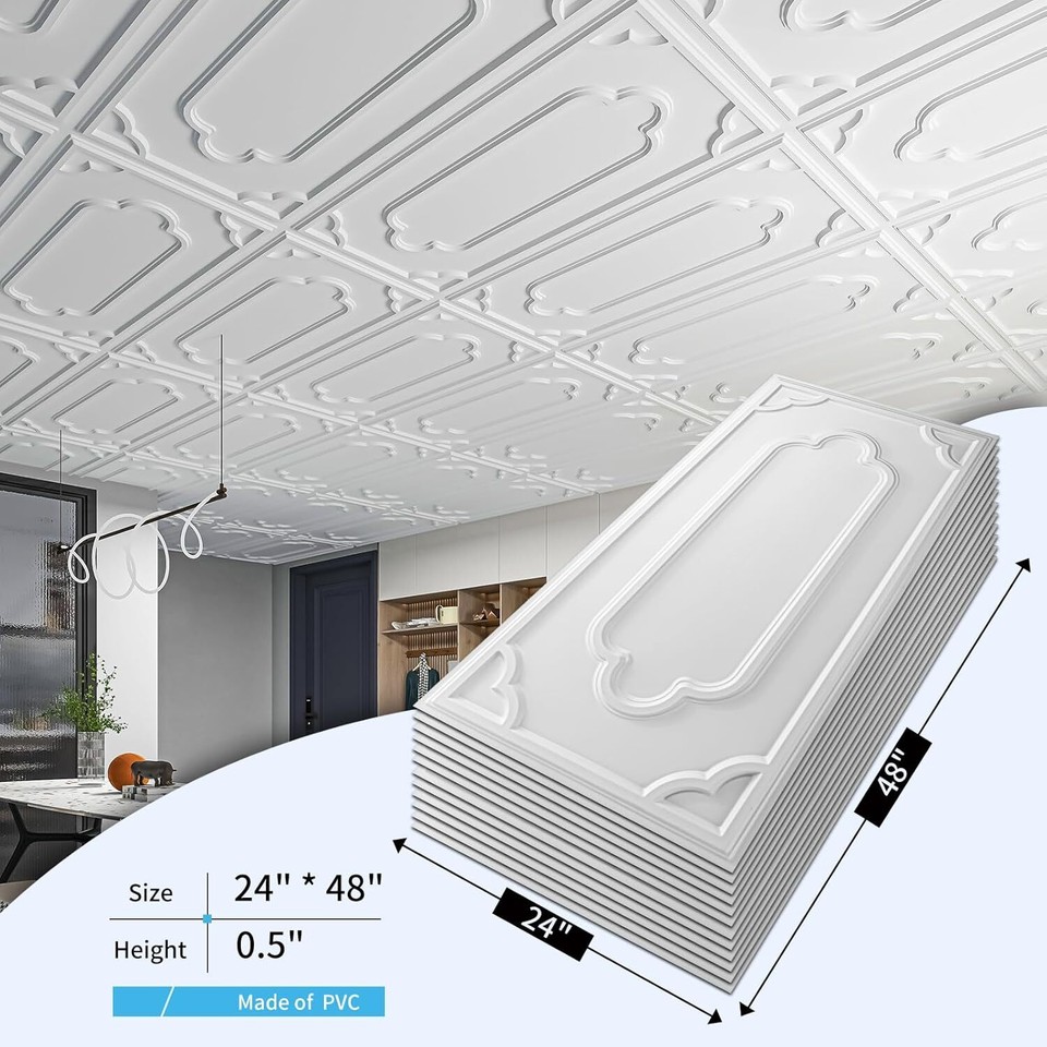 Art3d 12-Pack Drop Ceiling Tiles 2x4 Ft, Decorative PVC 24"x48", White ...
