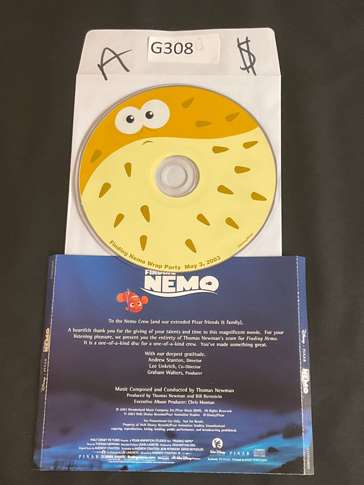 Finding Nemo CAST AND CREW WRAP PARTY CD May 3, 2003 *RARE* No Case # ...