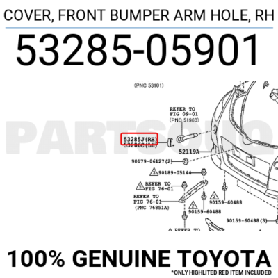 5328505901 Genuine Toyota COVER, FRONT BUMPER ARM HOLE, RH 53285-05901 ...