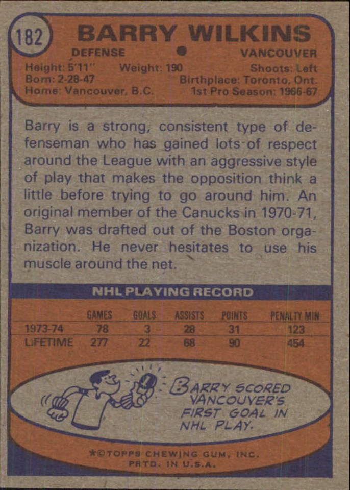 1974-75 Topps Canucks Hockey Card #182 Barry Wilkins - NM | eBay