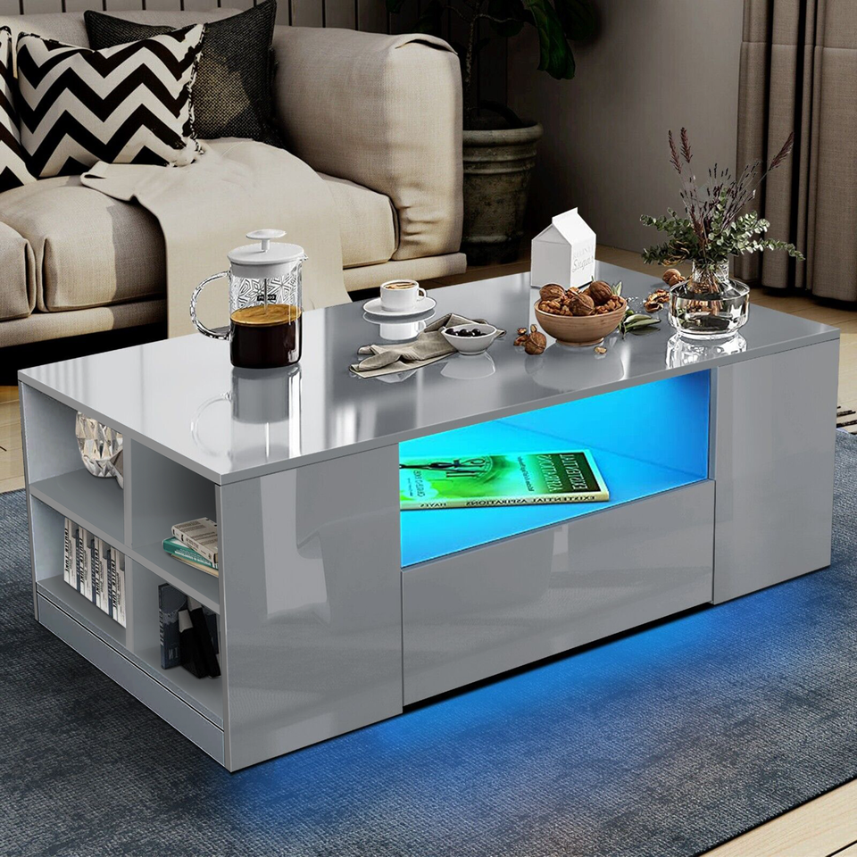 LED Coffee Table Wooden 2 Drawer Storage High Gloss Modern Living Room ...