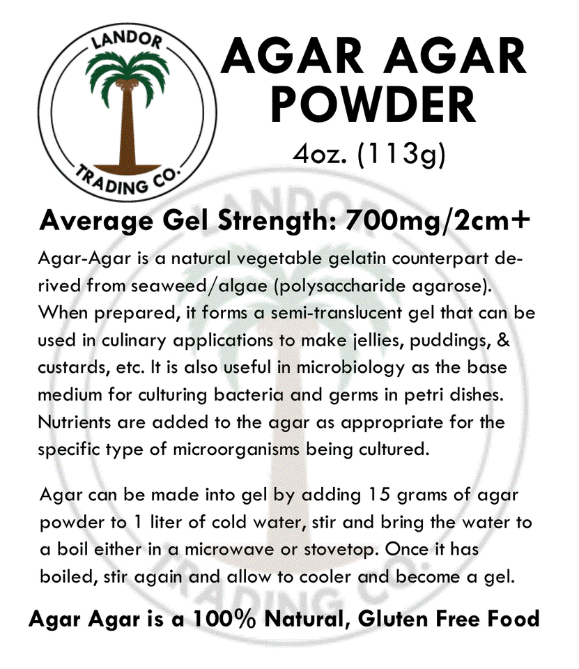 Agar Agar Powder 4oz (113 grams) - Average Gel Strength 700g/cm2 ...