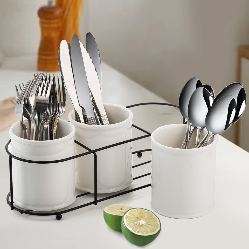 3piece Ceramic Silverware Caddy With Metal Rack Utensil Holder Flatware ...