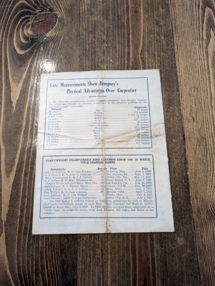 Rare 1921 Jack Dempsey vs Georges Carpentier Boxing Program | eBay