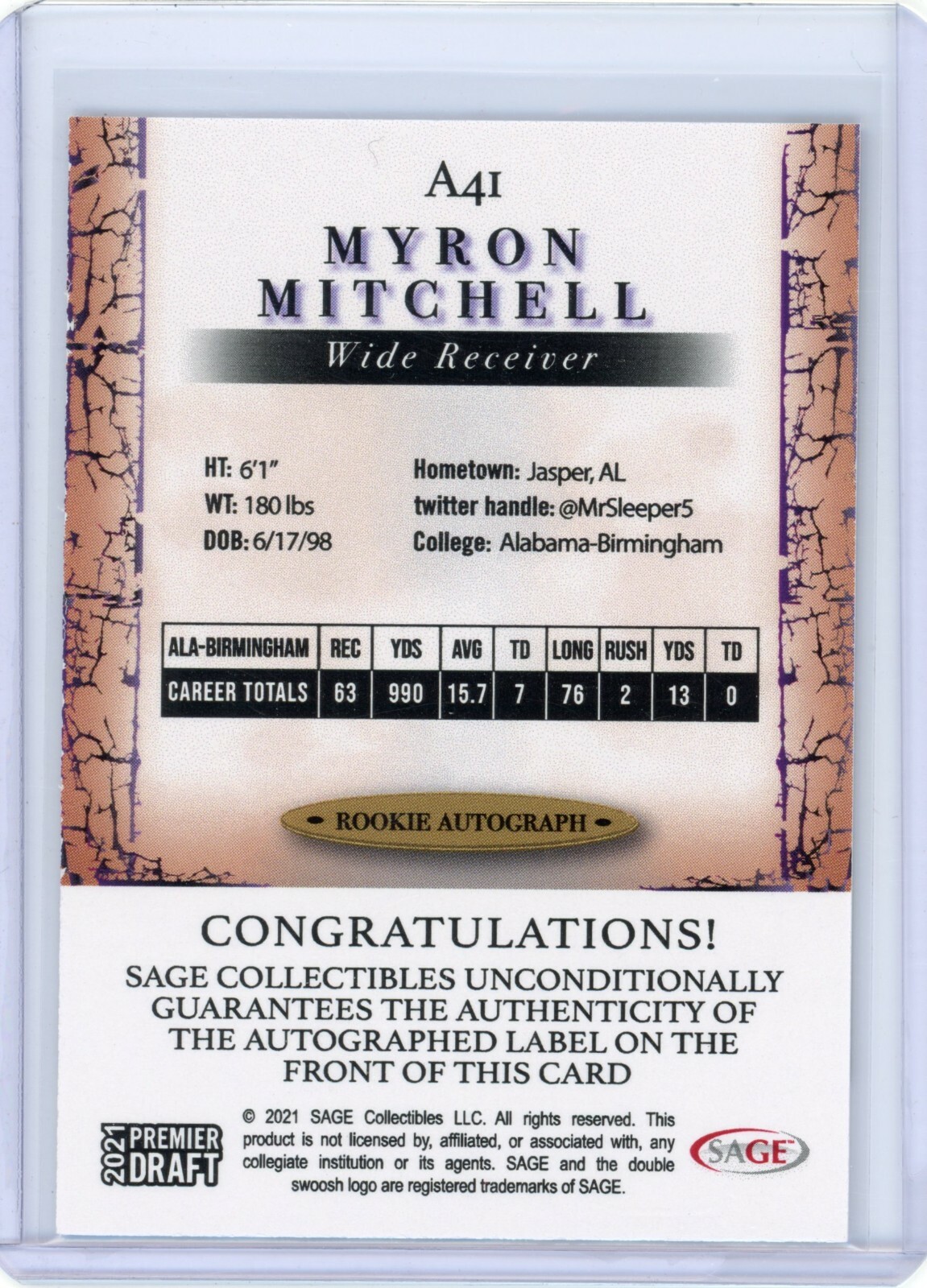 2021 Sage Hit Premier Draft Myron Mitchell Autograph Black - Minnesota ...