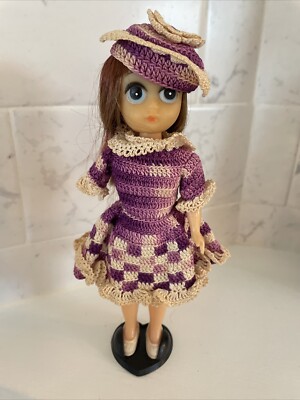 Vintage Susie Sad Eyes Crocheted Outfit W/Hat 8” 1960s Arm Missing Hong ...