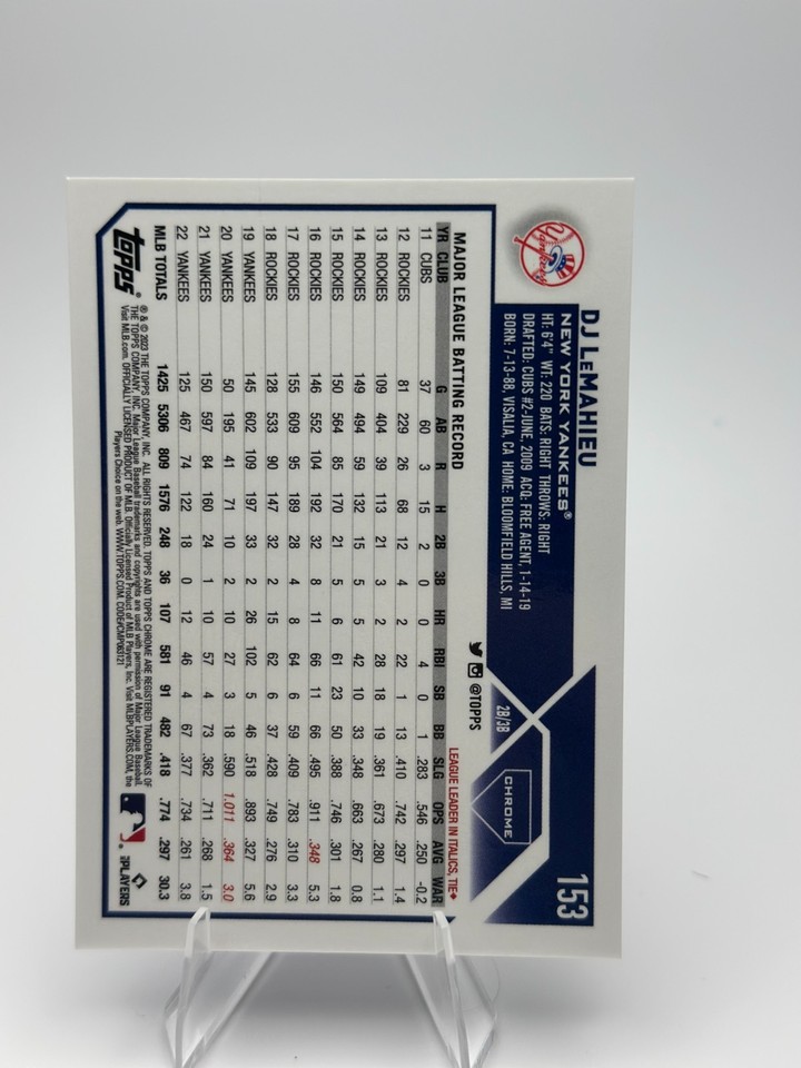 DJ LeMAHIEU 2023 Topps Chrome Purple Sonar Refractor /275 YANKEES #153 ...