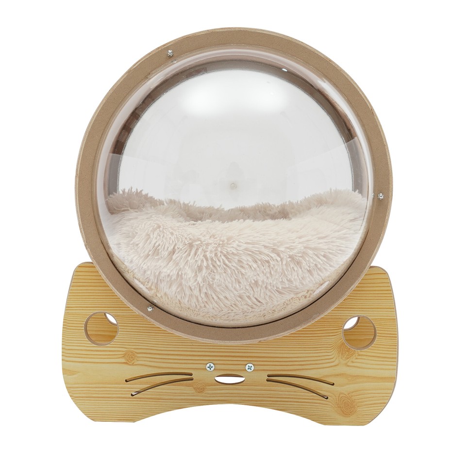 Wood & Clear Capsule Cat Bed Wooden Frame Acrylic Dome Indoor Cat House ...
