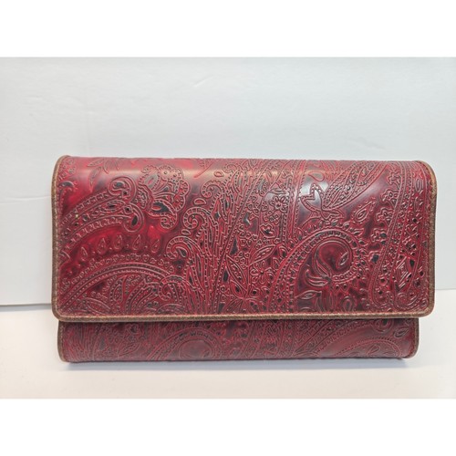 VTG Relic Brand Leather Tri Fold Checkbook Wallet Red Paisley Design ...