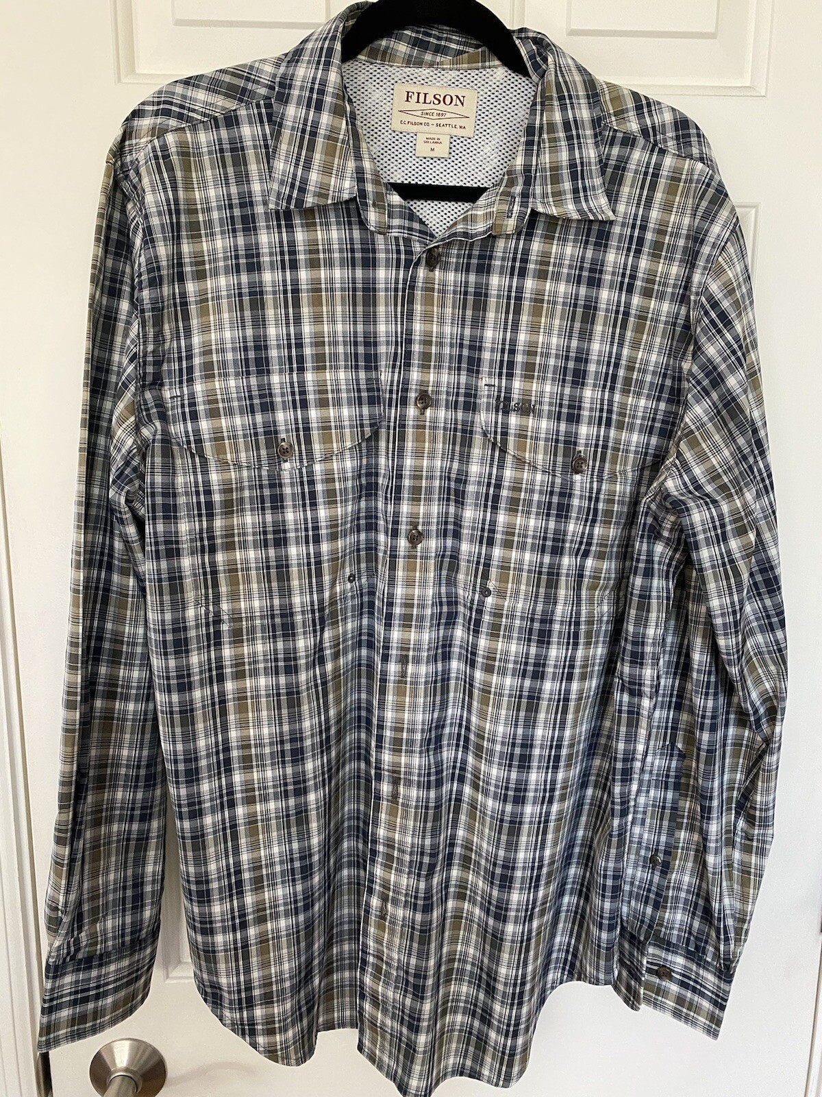 Filson Men's Poly Nylon Fishing Shirt Blue Brown Plai… - Gem