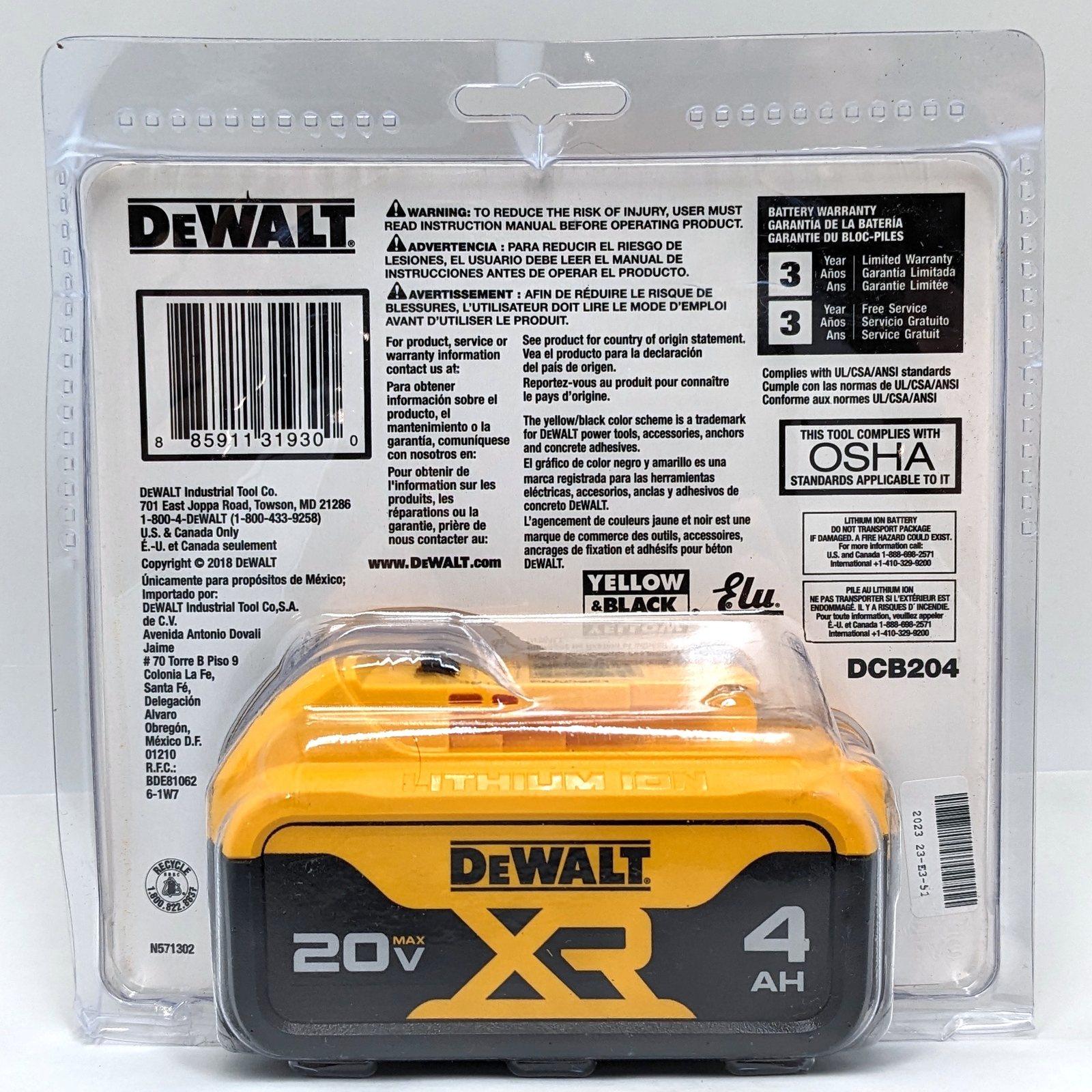 DEWALT DCB204 20V Max XR Lithium ion Battery Pack - Black/Yellow for ...