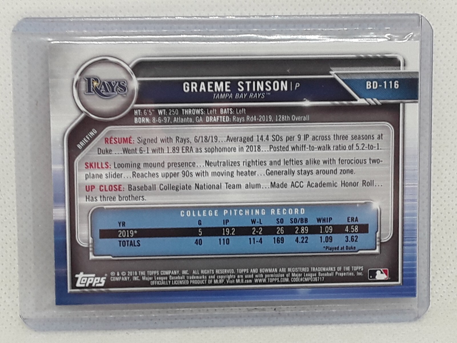 Graeme Stinson 2019 Bowman Draft Baseball - 1st #BD-116 - Tampa Bay ...