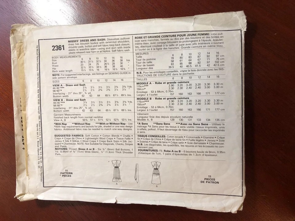 Sewing Patterns Year 1986 McCalls Number 2361 Miss Size 12 Dresses In ...