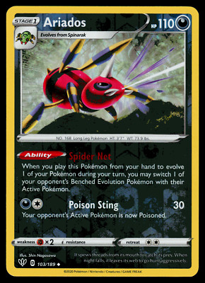 Pokemon Card - SWSH - Darkness Ablaze Ariados 103/189 Reverse Holo - NM ...