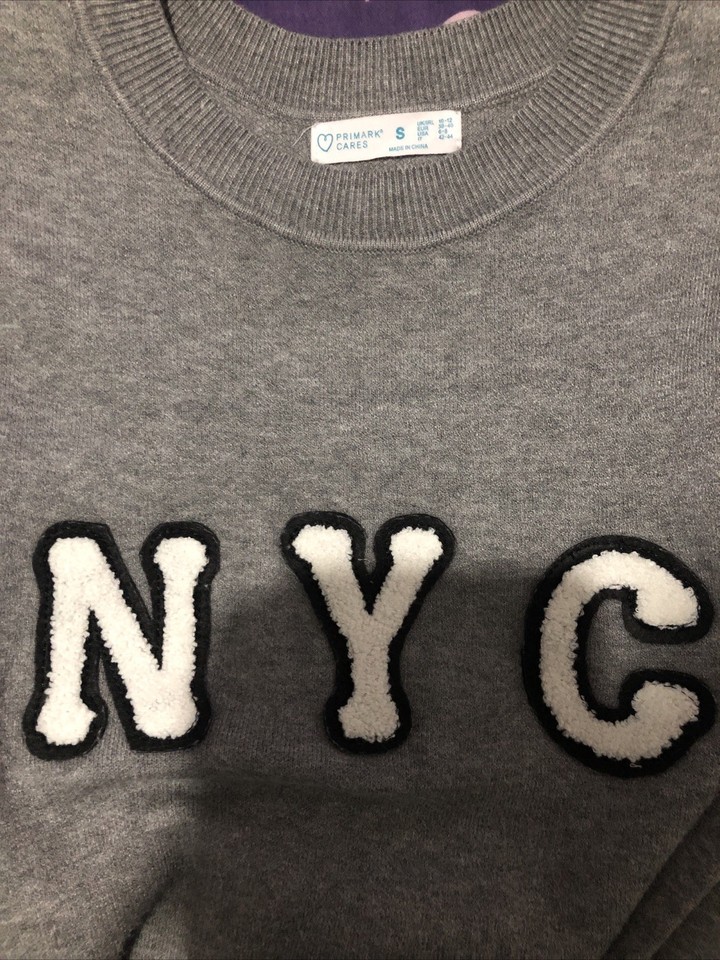 Primark Size S 10-12 Pit To Pit 19 inch Grey NYC Logo Long Sleeved ...