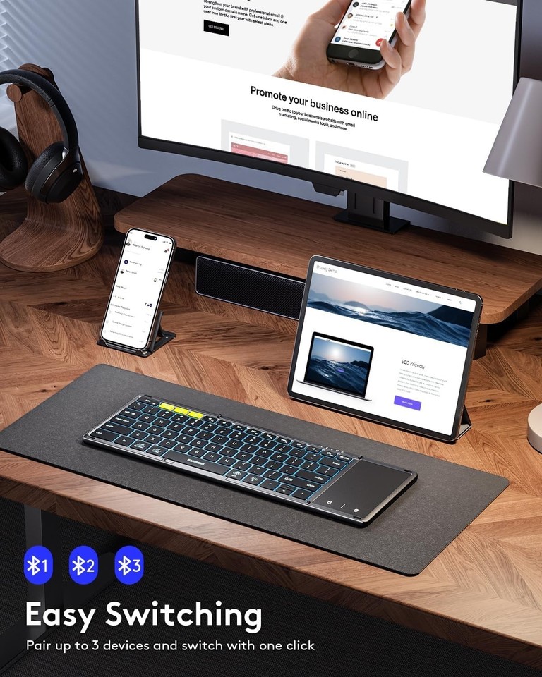 Foldable Bluetooth Keyboard with Touchpad, Full-Size Wireless Folding ...