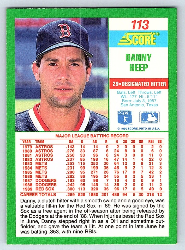 1990 Score #113 Danny Heep Boston Red Sox | eBay