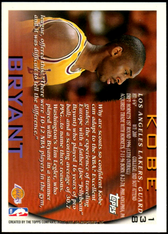 1996-97 Topps Basketball #138 Kobe Bryant Rookie Card NM Los Angeles ...