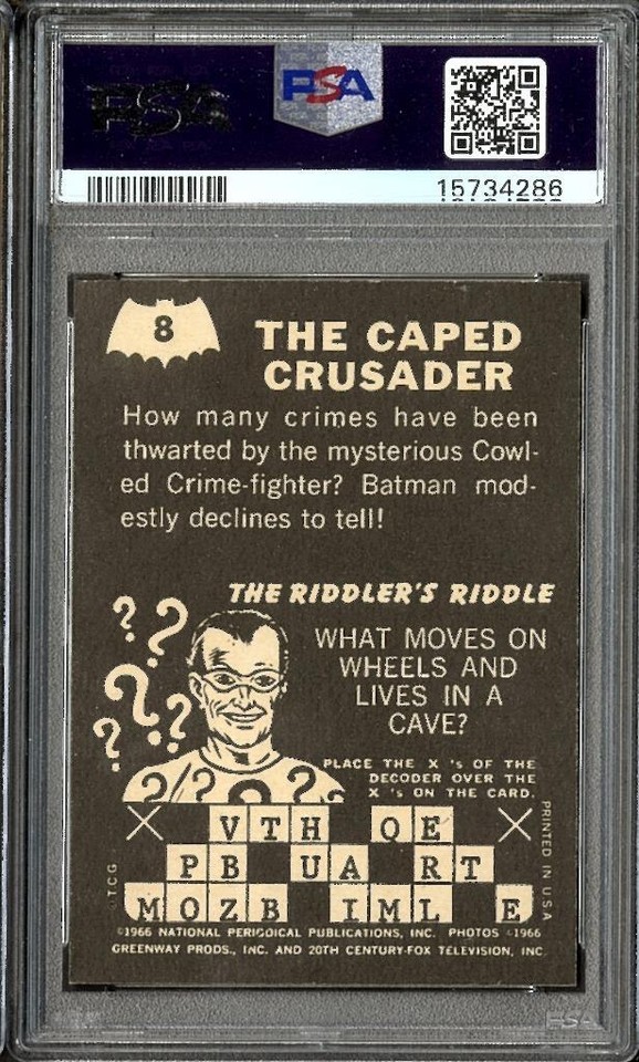 1966 Topps BATMAN Riddler Back #8 Caped Crusader ROOKIE PSA 8 ONLY 3 ...