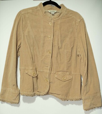 St. Johns Bay Womens Beige Corduroy Button Up Ruffled Long Sleeve ...