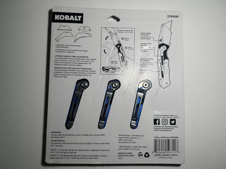 KOBALT FOLDING LOCKBACK UTILITY KNIFE SET ( 3 PACK ) WITH BLADES. Brand ...
