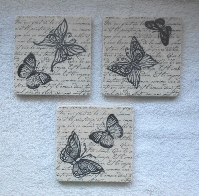 Tumbled Tile Coasters Distressed Look French Script/Butterflies READ ...