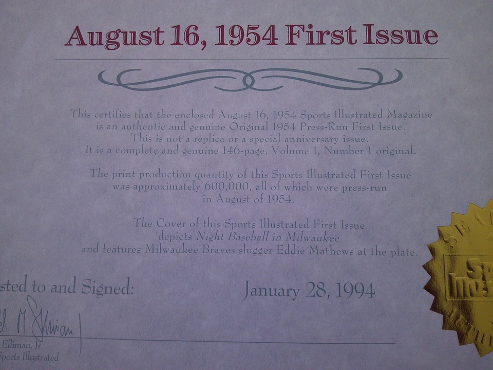 SPORTS ILLUSTRATED AUGUST 16,1954 FIRST ISSUE MAGAZINE MILWAUKEE BRAVES ...