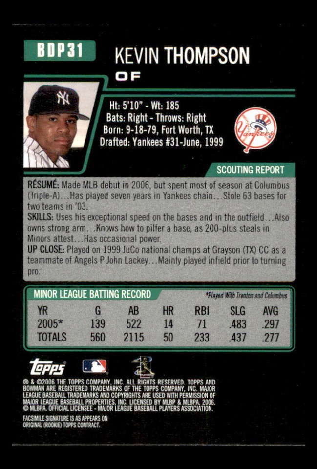 2006 Baseball Bowman Kevin Thompson New York Yankees #BDP31 Green RC | eBay