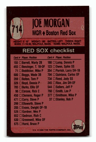 Joe Morgan 1989 Topps #714 Boston Red Sox Centered Mint to Gem | eBay