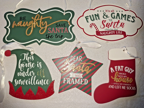 Lot of 5 Funny Christmas Wall Signs – Elf, Stocking, Star, Santa Quotes ...