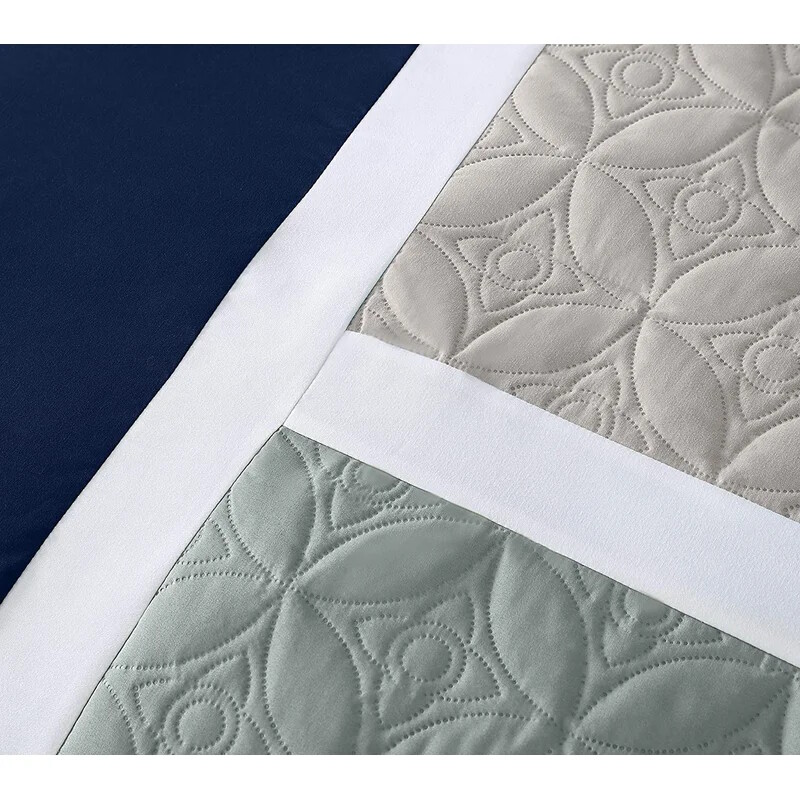 Navy Blue Green Beige Patchwork Block 7 pc Comforter Set Full Queen Cal ...