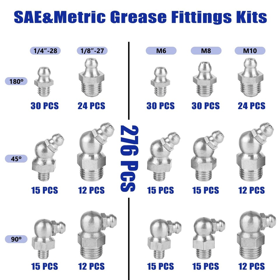 276 PCS SAE & Metric Grease Fittings Kit Hydraulic Grease Zerks Fittings Stan... | eBay