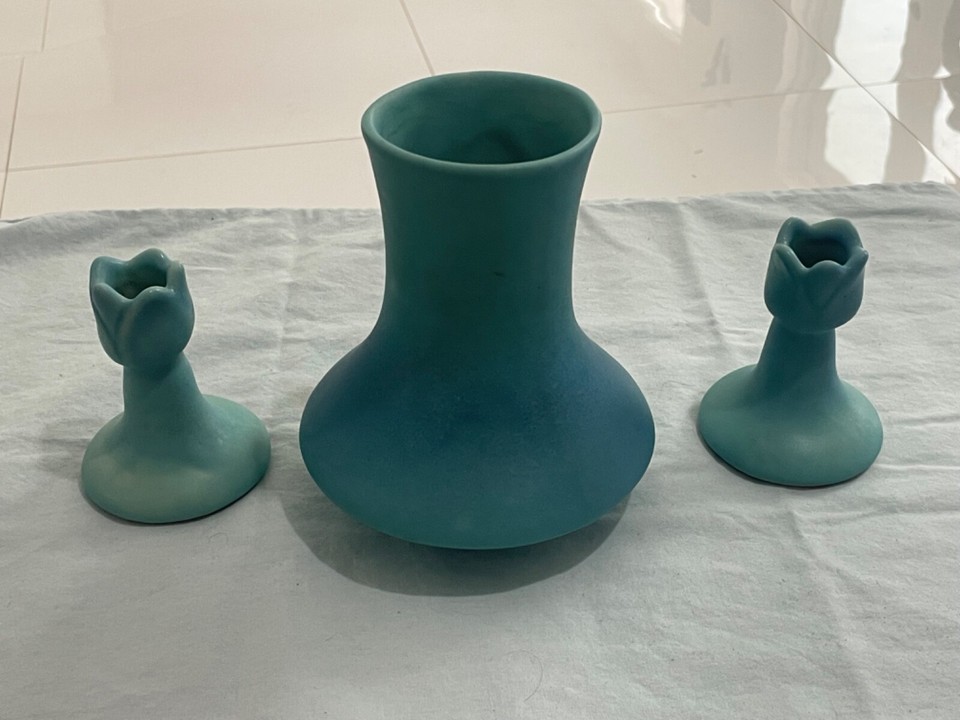 Van Briggle Pottery Blue Vase w/ Pair of Tulip Candlesticks | eBay