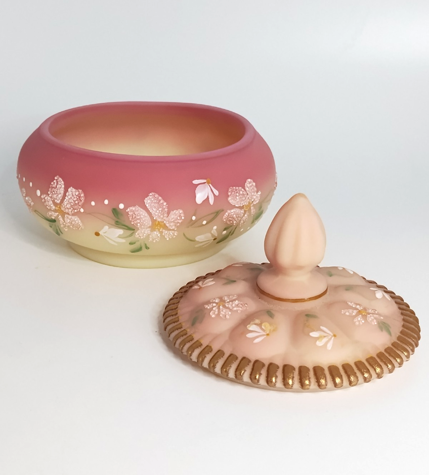 Fenton - Burmese Satin Hand Painted Vanity/Powder Box w/Coralene 24K ...