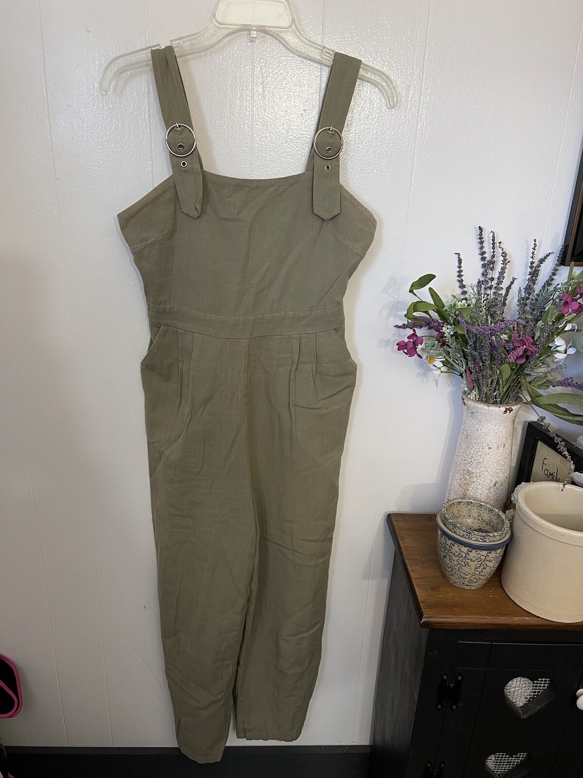 Japna M Green Jumper Pockets Sleeveless Buckle Linen Cotton Overhaul ...